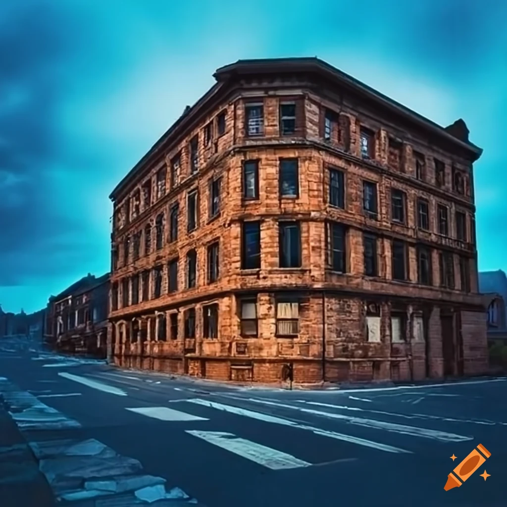 Old stone hotel building at the intersection on Craiyon
