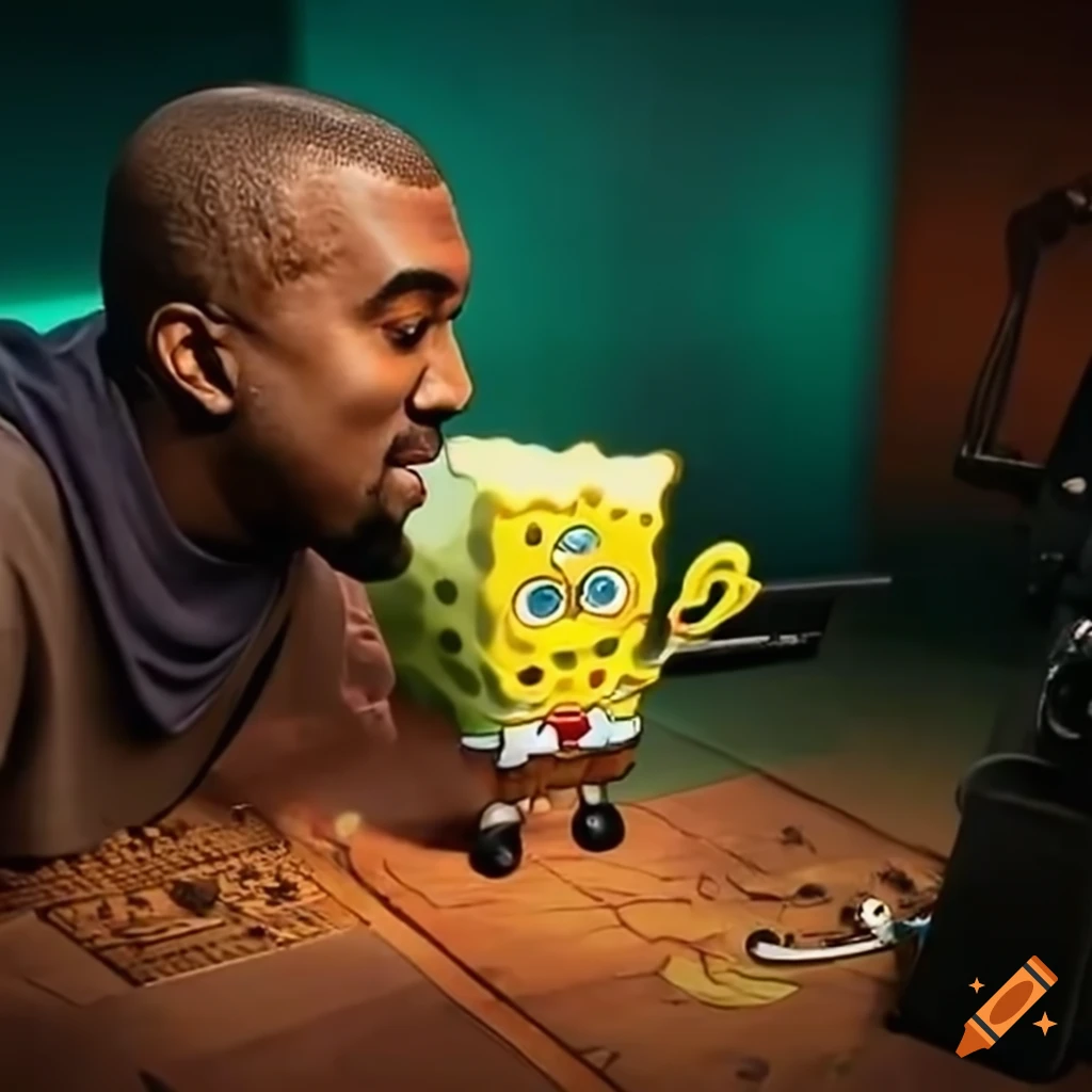 Kanye West and SpongeBob SquarePants in a recording studio on Craiyon