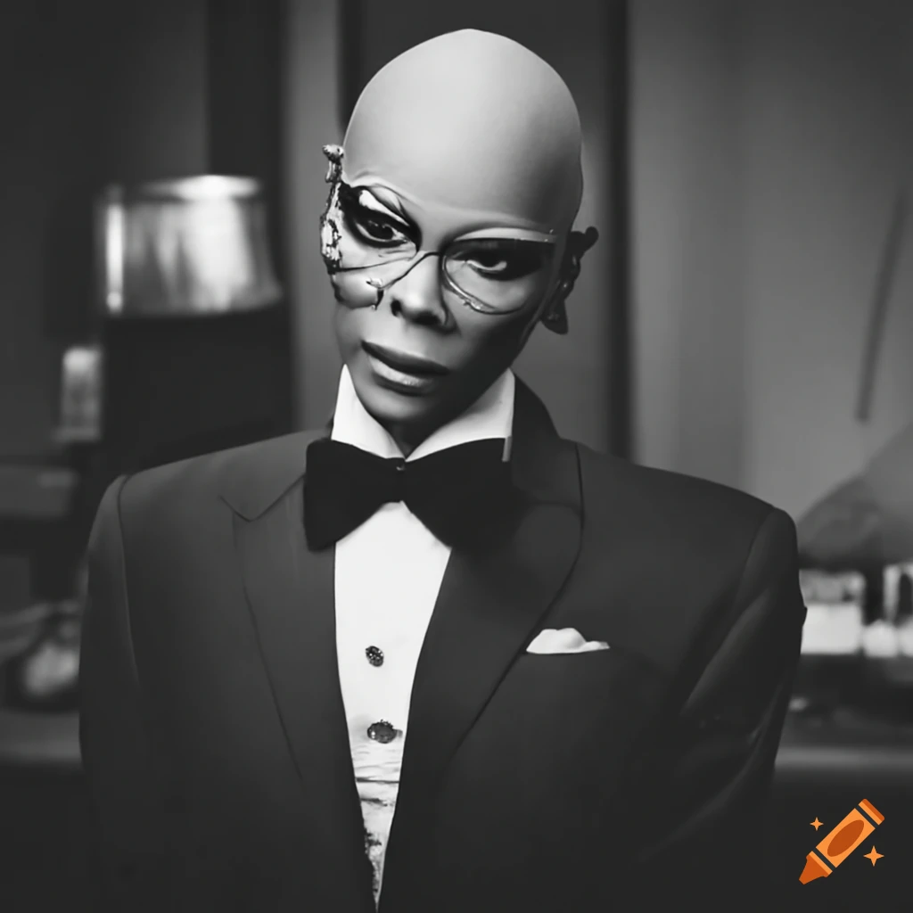 Rupaul in a suit in drag race workroom on Craiyon