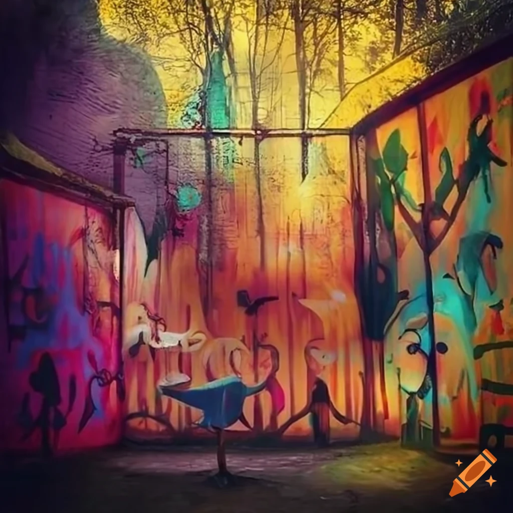 Surreal circus parc with magical creatures and colorful grafitis on Craiyon