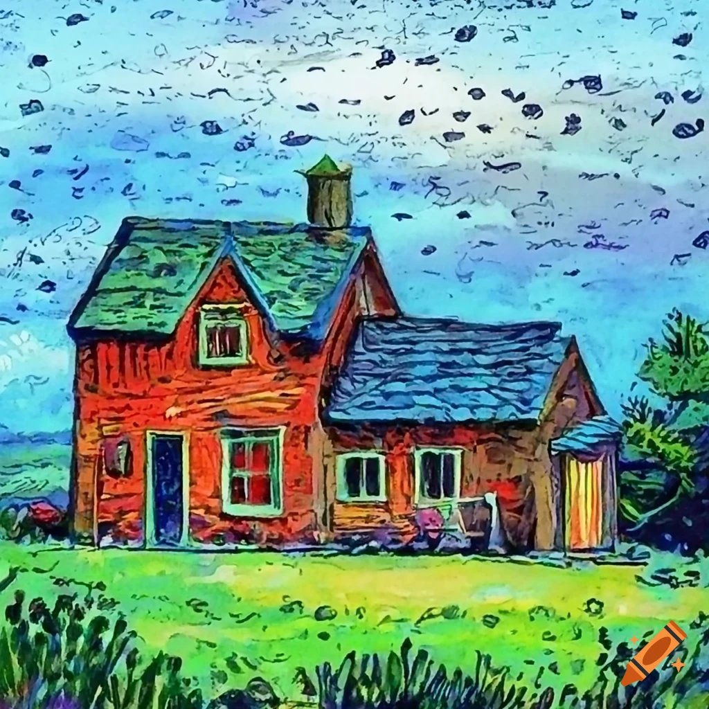 Whimsical fauvism style painting of a mansion with mules on Craiyon