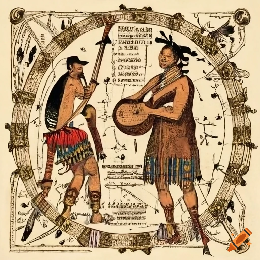 Musicians playing 16th century instruments in front of a map of South ...