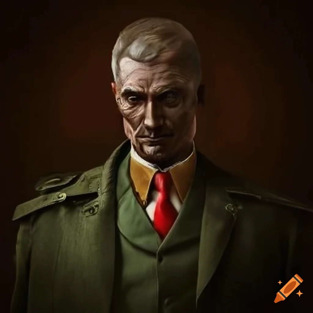 Character with religious and medicinal motifs overlaying his uniform on ...