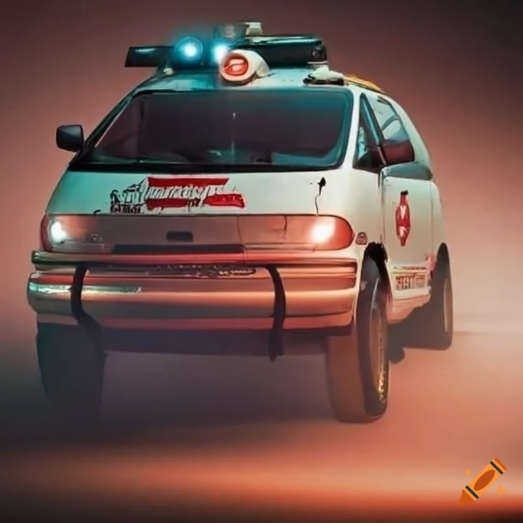 Rally car with Ghostbusters livery sliding through a corner on Craiyon