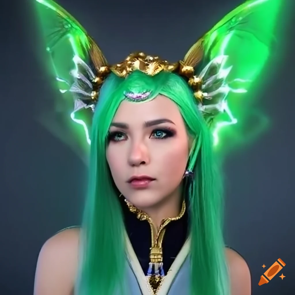 Lady palutena, science fiction goddess with green hair and fairy wings
