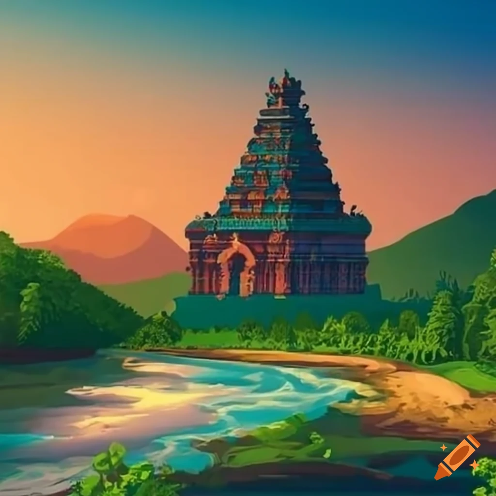 Ancient Tamil temple surrounded by mountains and rivers on Craiyon
