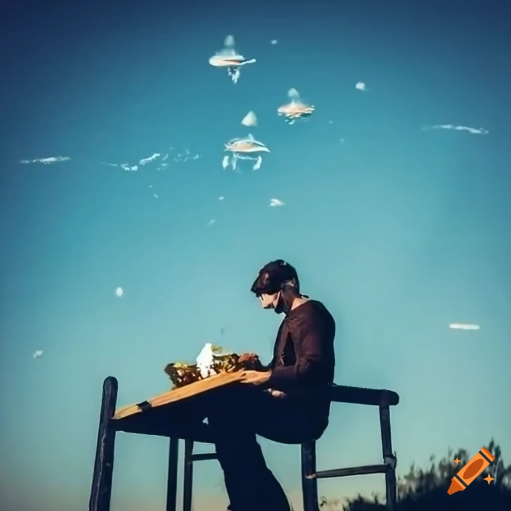 Man sitting on park bench with alien spaceships in the sky