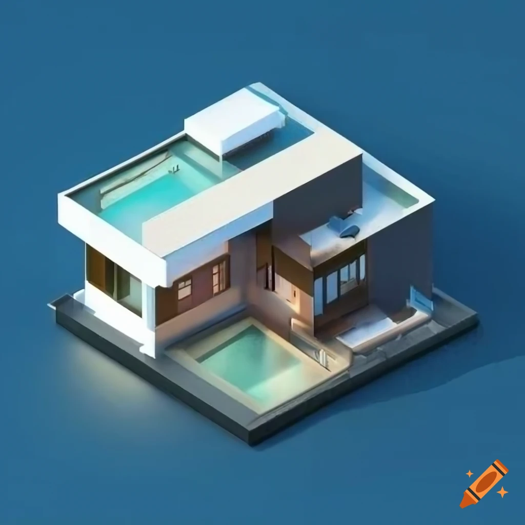Isometric view of a modern house from above on Craiyon