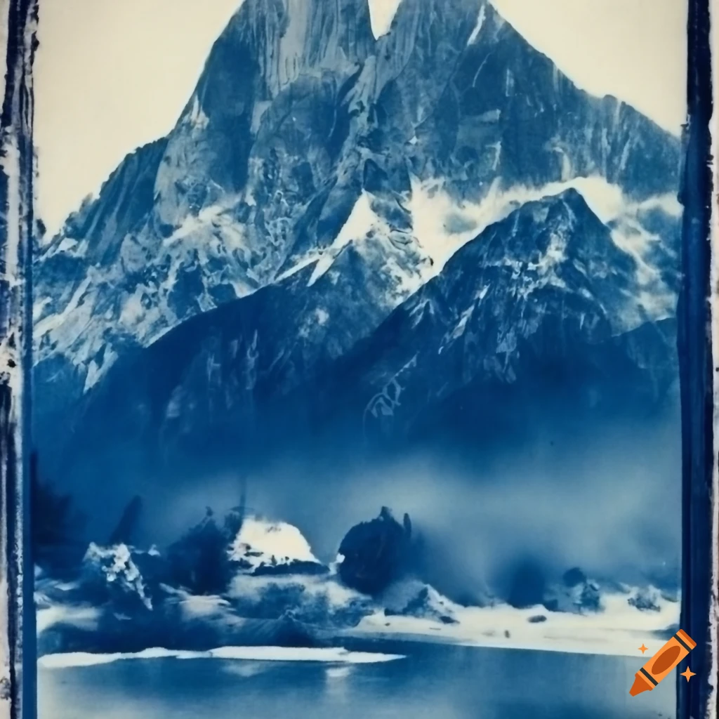 Cyanotype of a breathtaking mountainscape on Craiyon