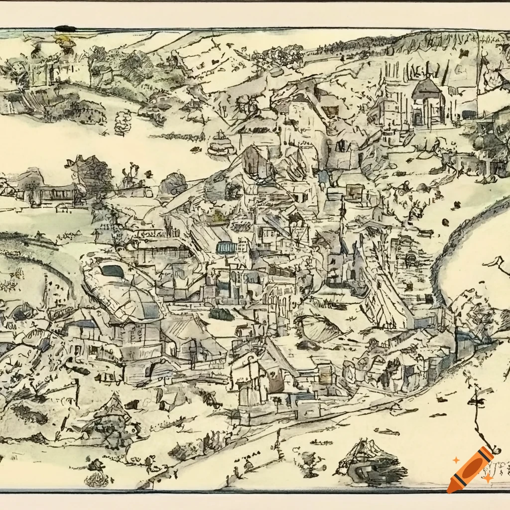 Hand-drawn map of Riverside Village on Craiyon