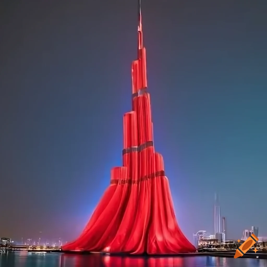 Burj khalifa dressed in a red ball gown surrounded by skyscrapers