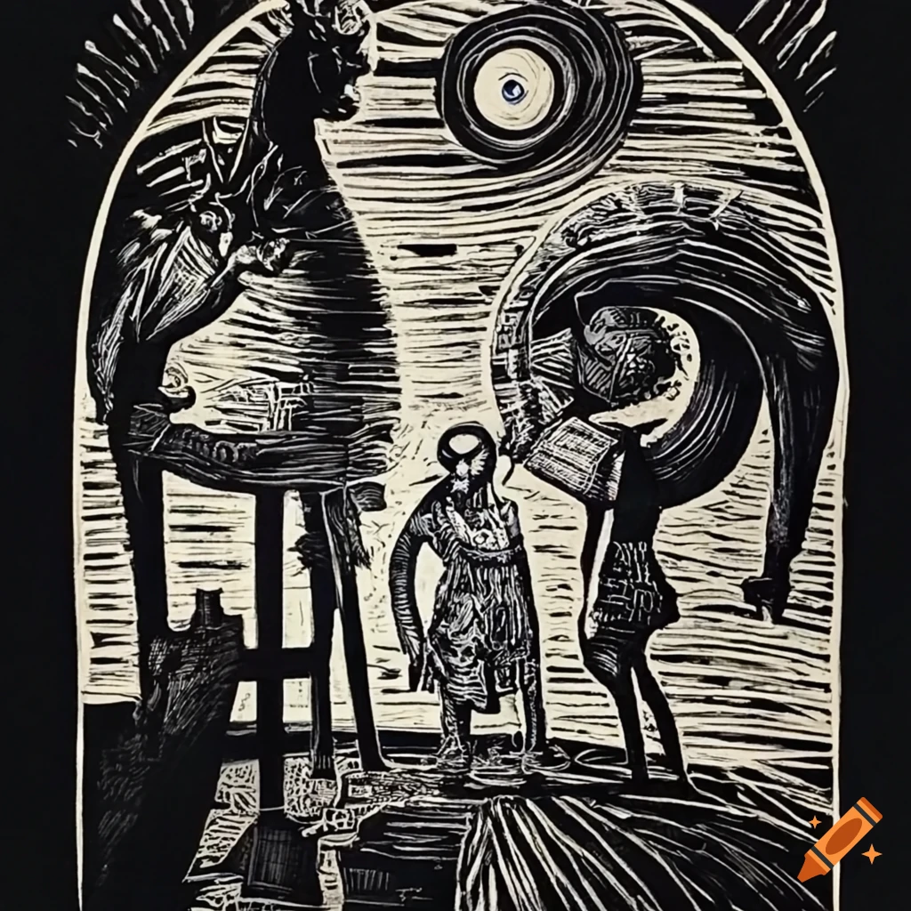 Surreal lino print of men surrounded by mysterious objects on Craiyon