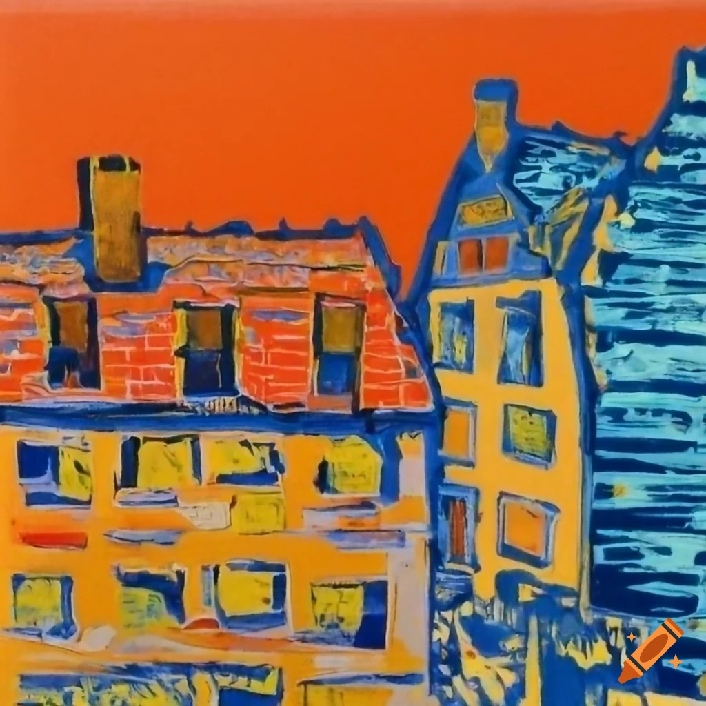 Colorful lino print artwork of men constructing a house on Craiyon