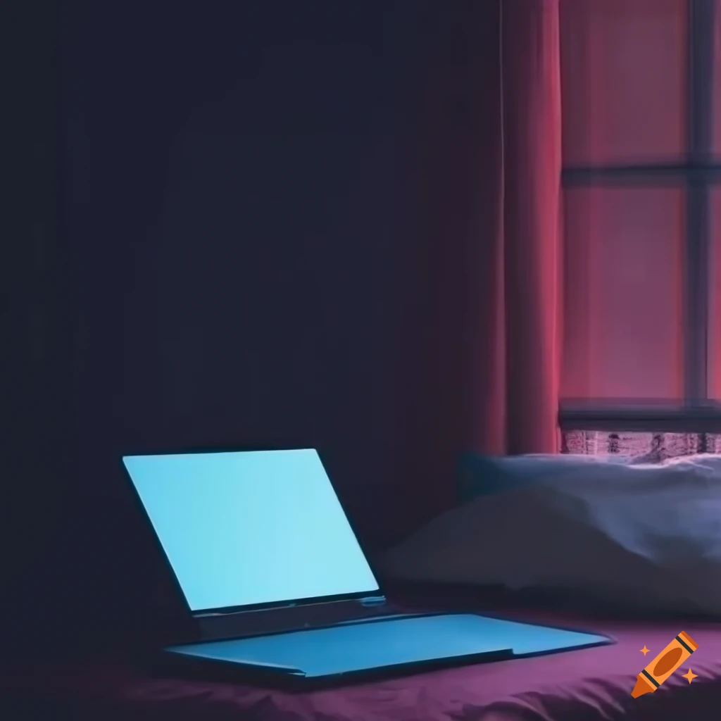 Laptop in a bedroom with warm-colored lighting on Craiyon