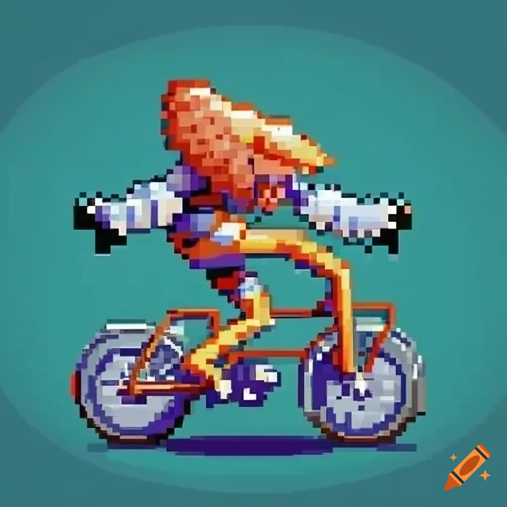 Pixel art illustration of a battle-ready sentient bicycle on Craiyon
