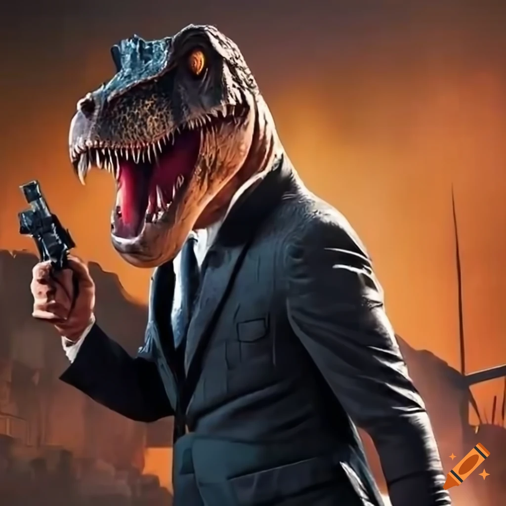 Tyrannosaurus rex with sunglasses and dual pistols