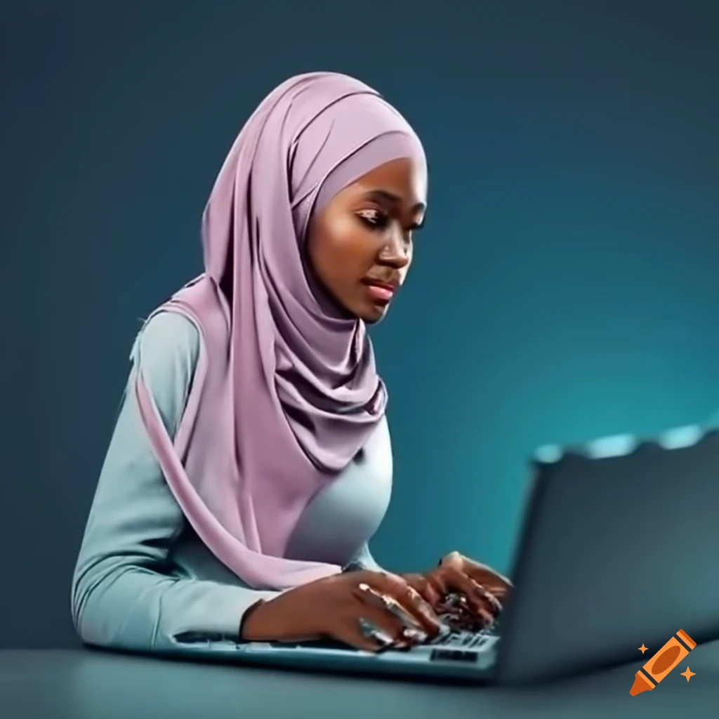Black muslim woman coding on computer on Craiyon