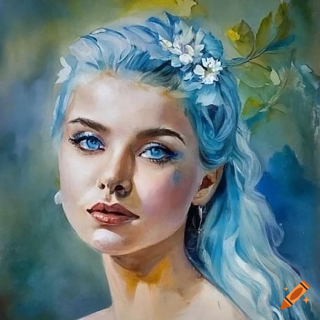 Close-up portrait of a woman with blue and white hair