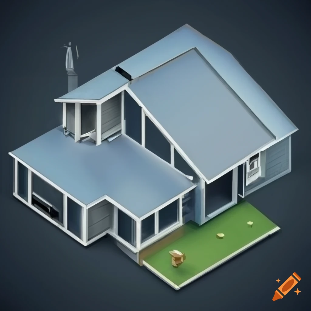 Isometric view of a realistic metal house on Craiyon