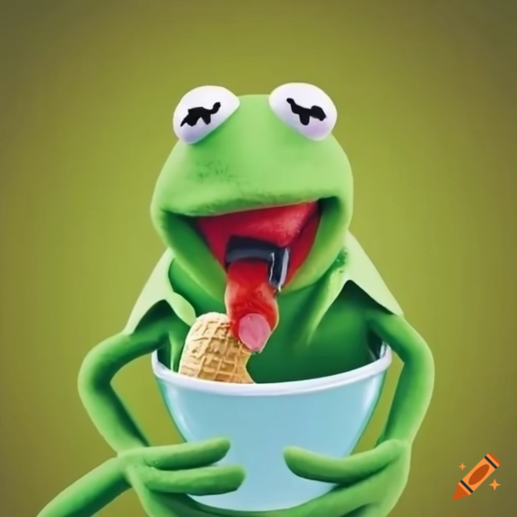 Kermit the frog eating spaghetti off miss piggy with his nose on Craiyon