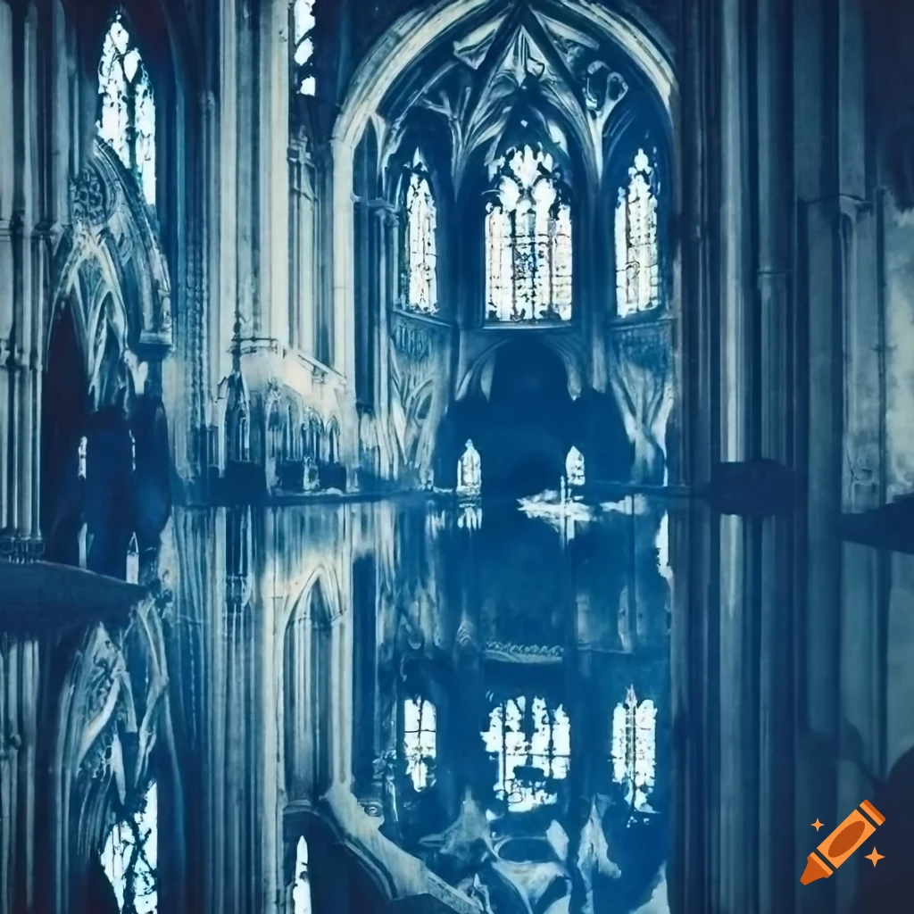 Cyanotype of flooded gothic cathedral interior
