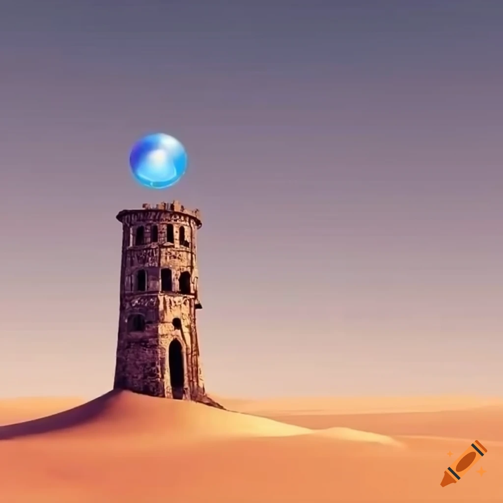 Desert watchtower with magical floating ball on Craiyon