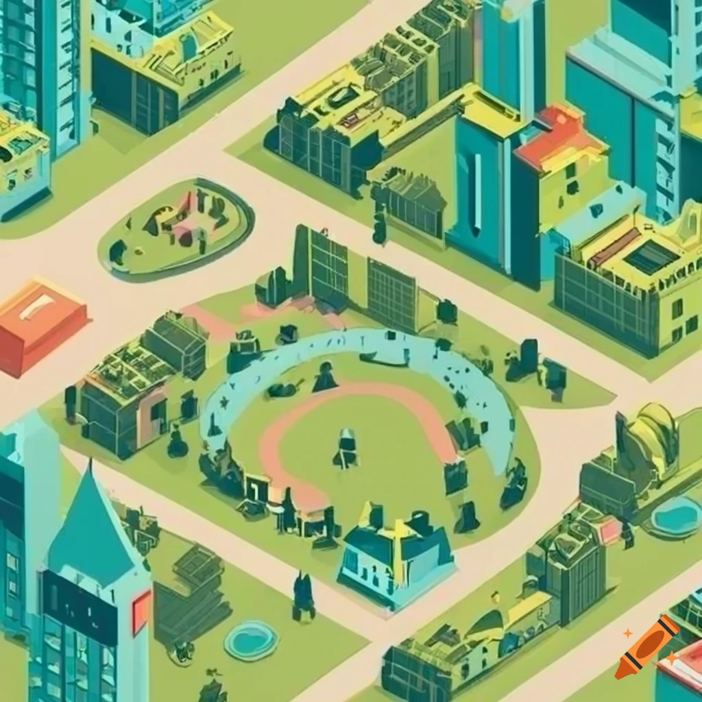 Closeup of an isometric city map with park and administrative buildings ...