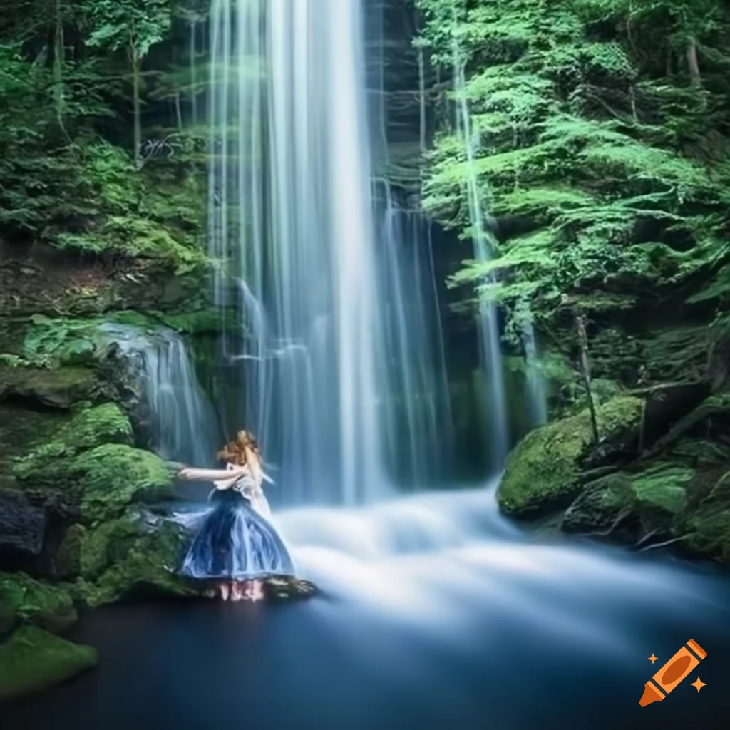 Image of an elf maiden in a forest by a waterfall on Craiyon