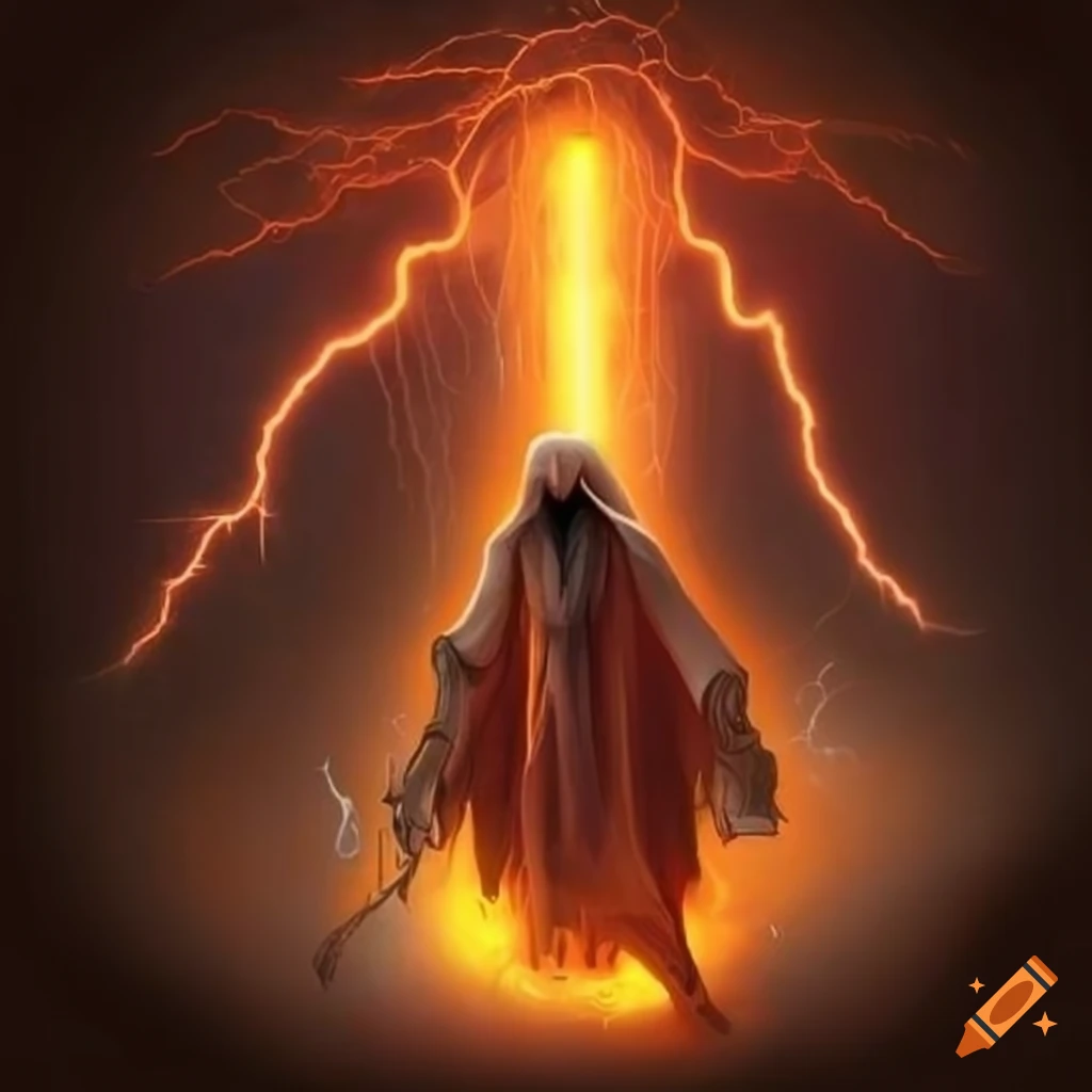 Digital art of a gothic figure with amber lightning and greataxe on Craiyon