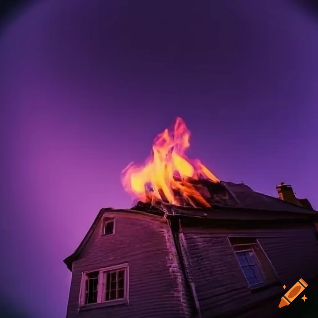 Surreal purple landscape with burning house