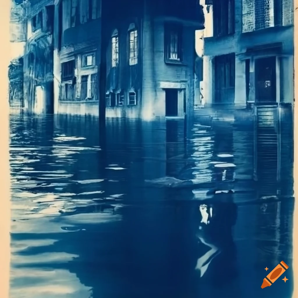 Cyanotype of a flooded city