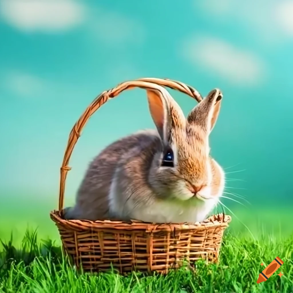 Two cute rabbits sitting in a basket on green grass on Craiyon