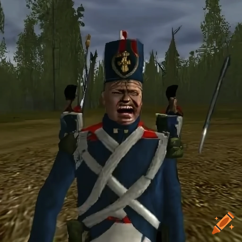Screenshot of a screaming napoleonic soldier in a video game on Craiyon