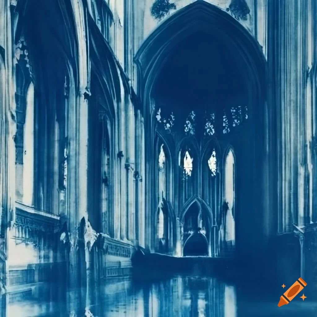 Cyanotype of flooded gothic cathedral interior