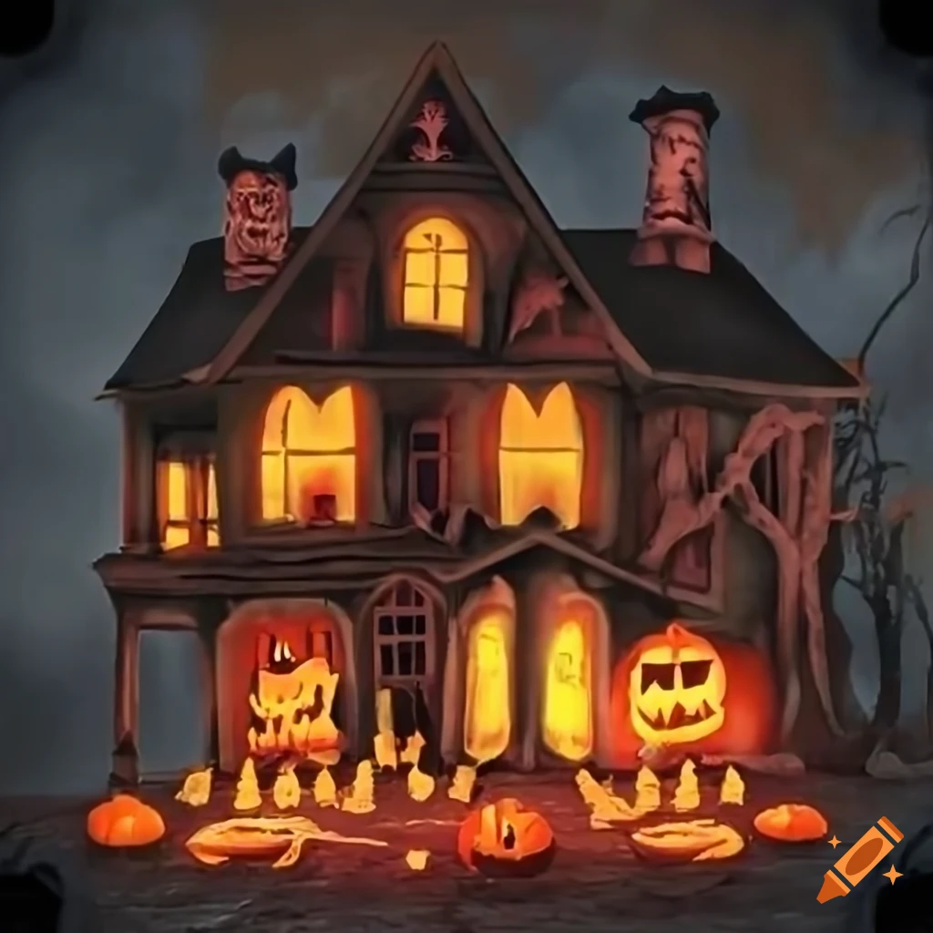 Haunted house with menacing pumpkins for halloween on Craiyon