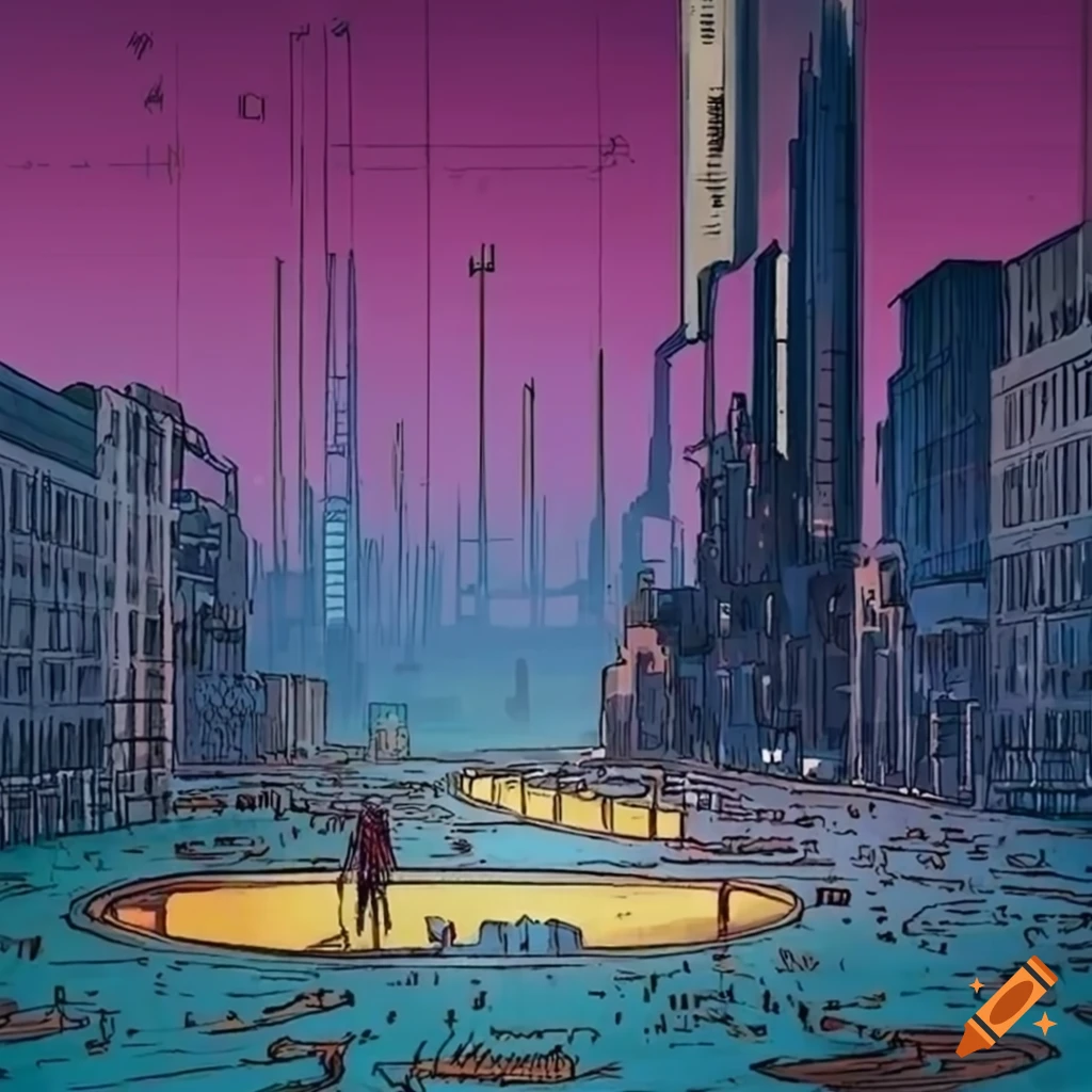 Moebius-inspired dystopian sci-fi city on Craiyon