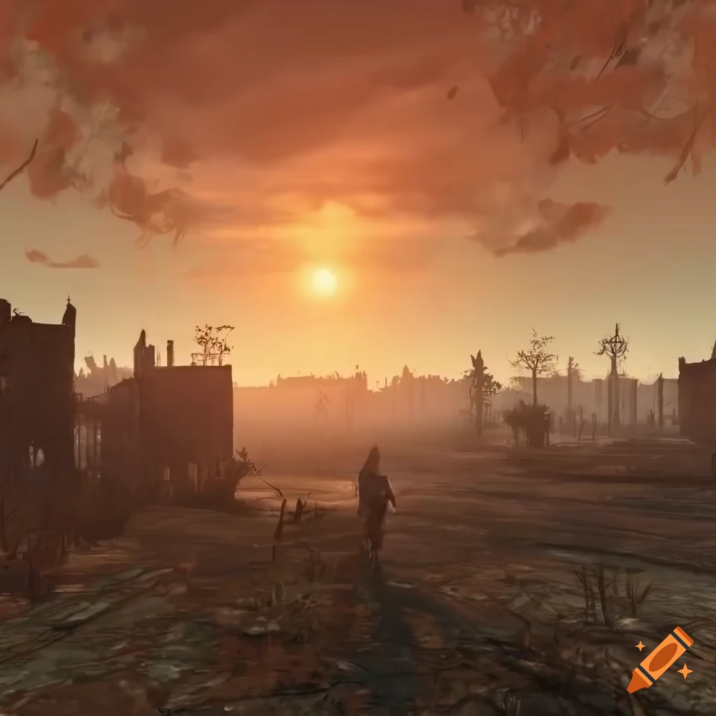 Post-apocalyptic sunrise with ruins and a figure