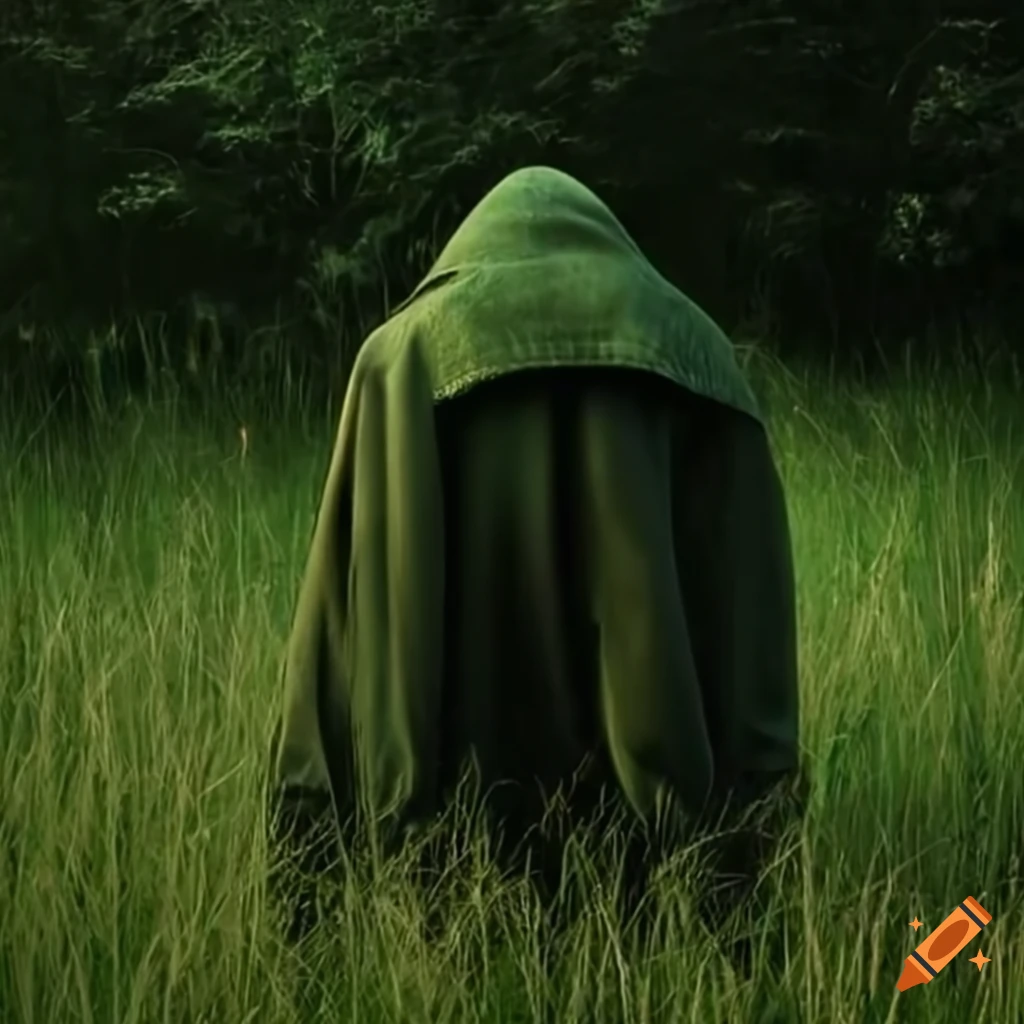 Person in green cloak crawling in grass on Craiyon