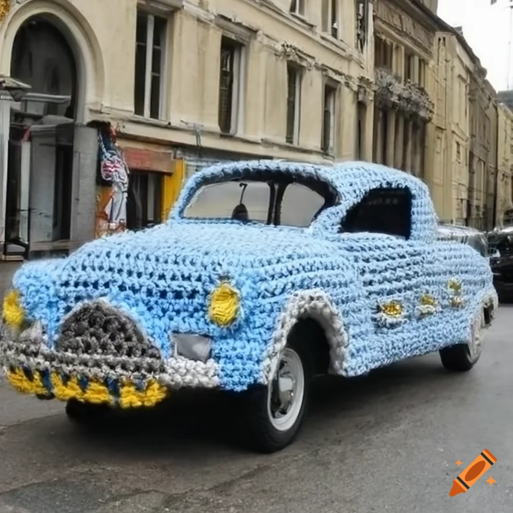 Street photo of a life-size crochet car on Craiyon