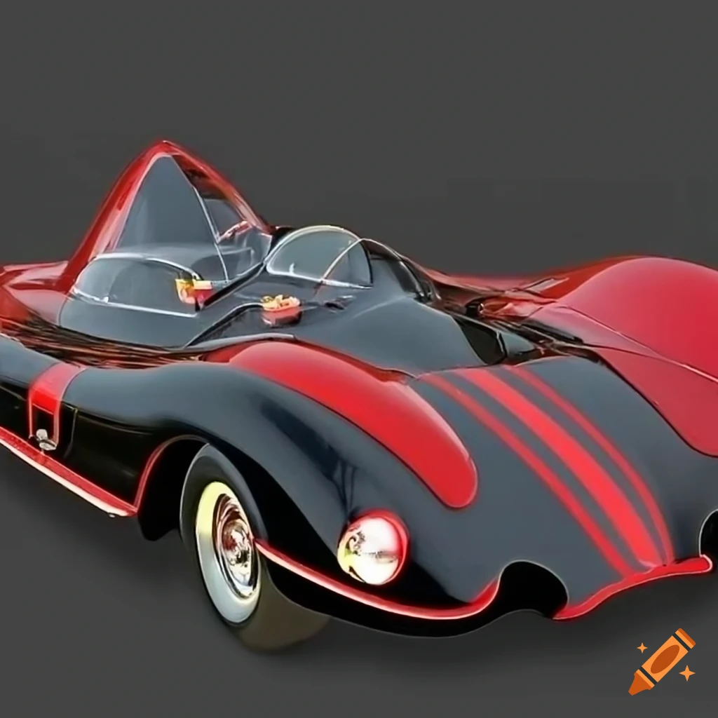 Vintage movie cars with sharp red lines and huge tailfins on Craiyon