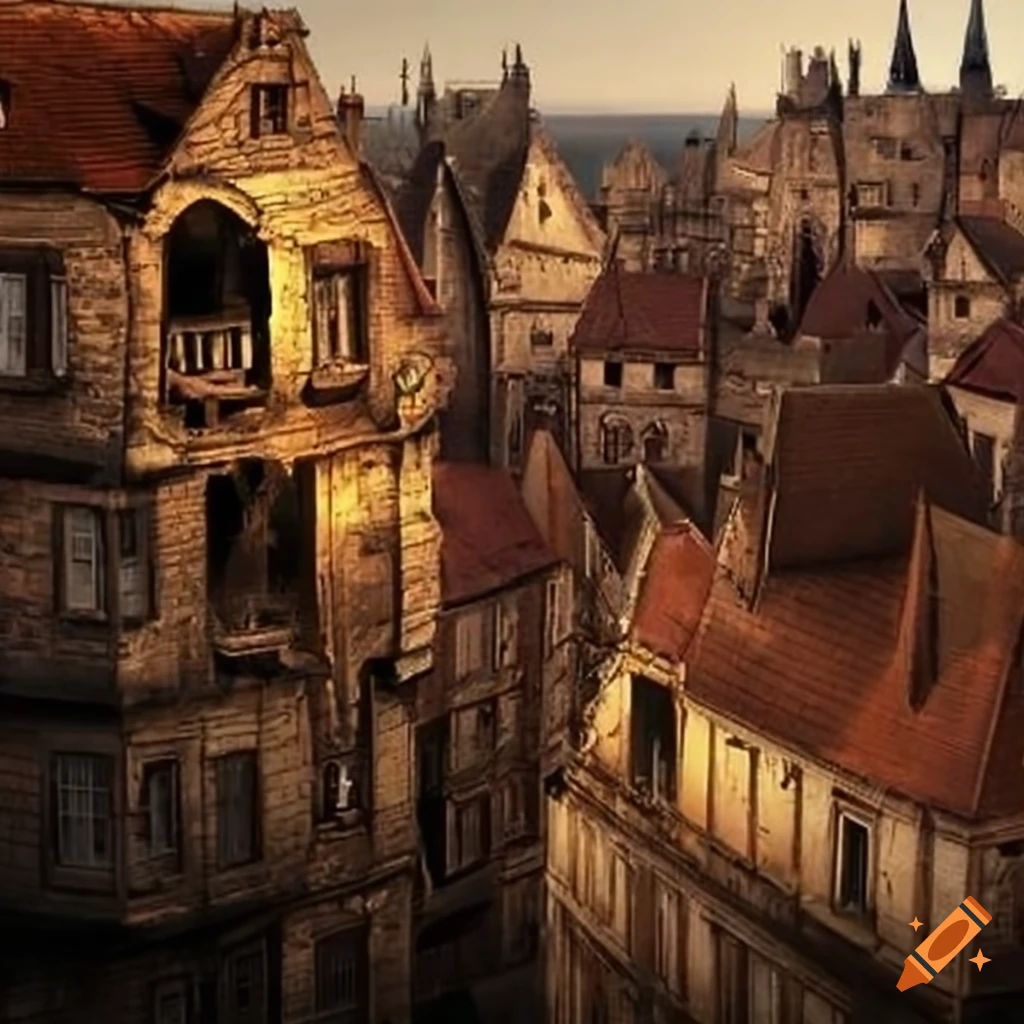 View of overcrowded medieval town rooftops