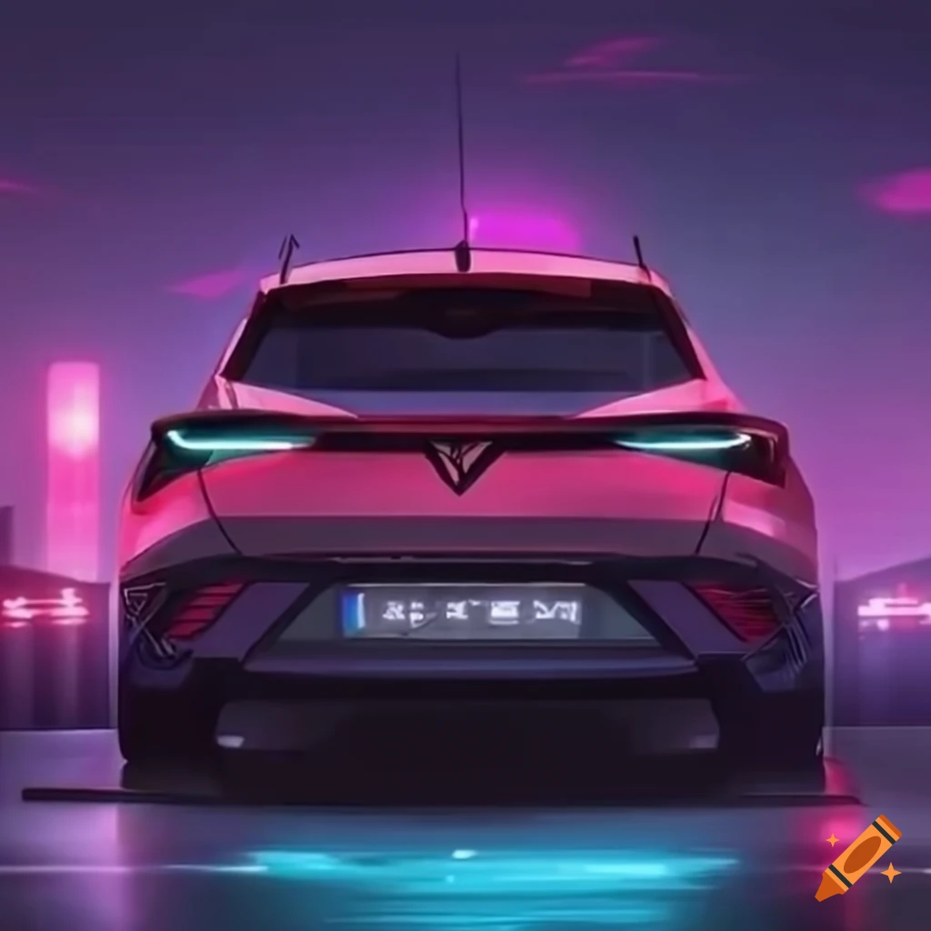 Anime-style drawing of a white Cupra Leon in Tokyo at night with neon ...