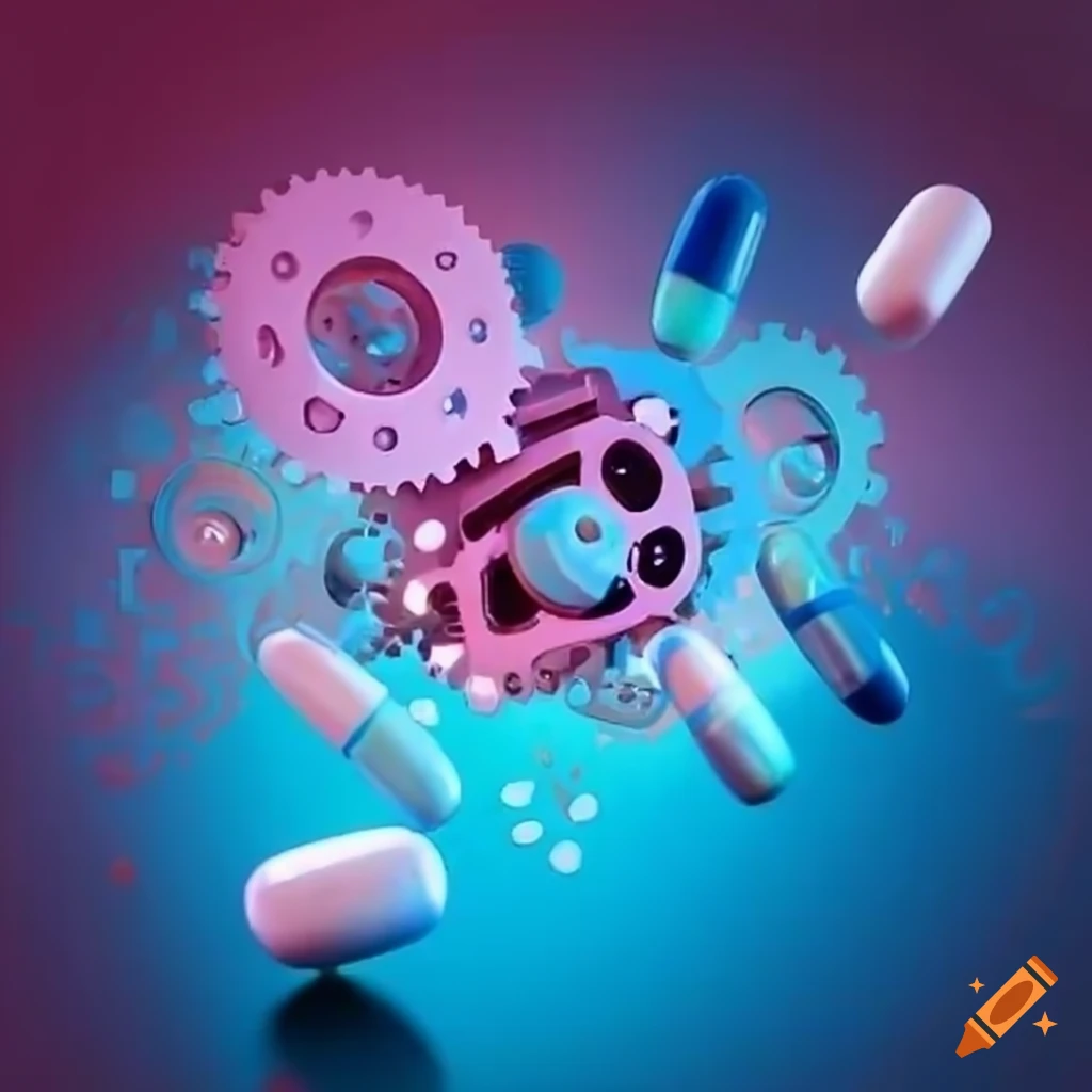 Conceptual illustration of a laptop dropping pills and gears on Craiyon