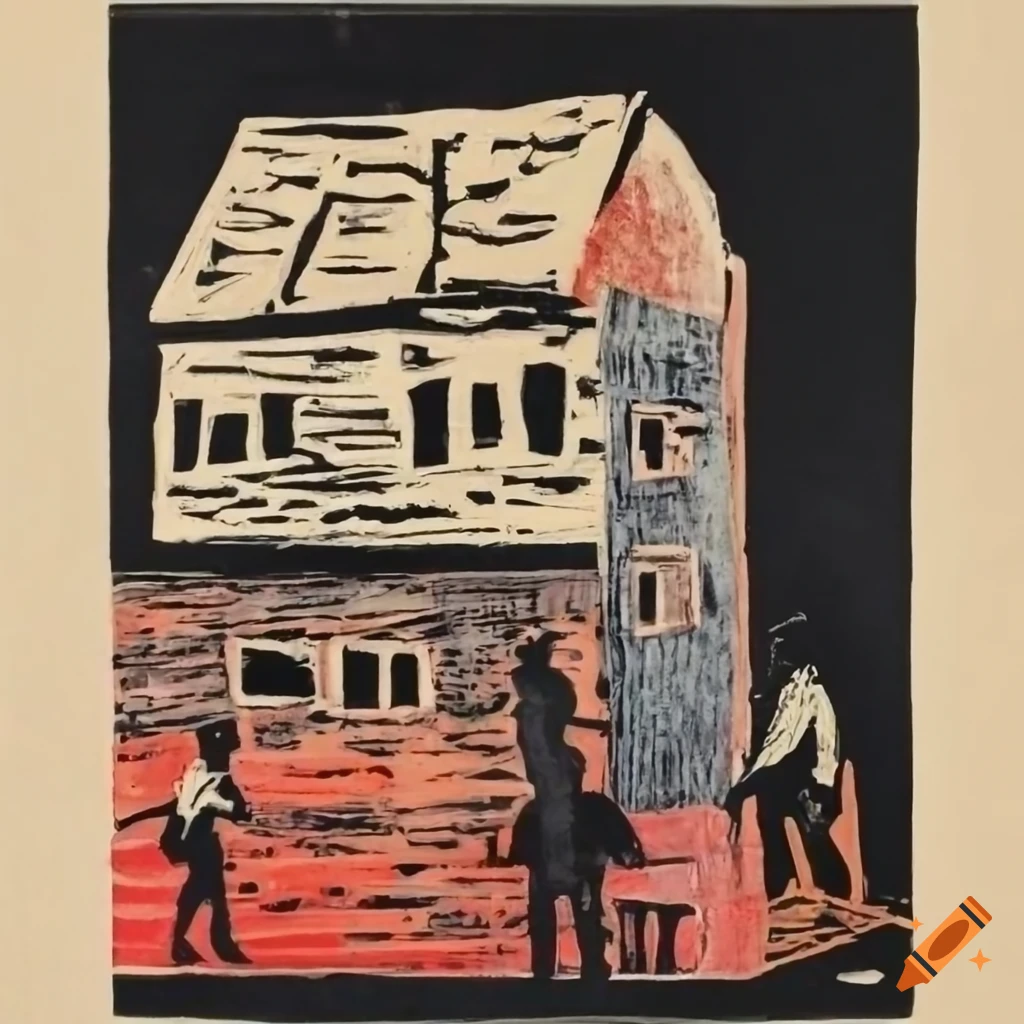 Lino print of men building a house in colorful style on Craiyon