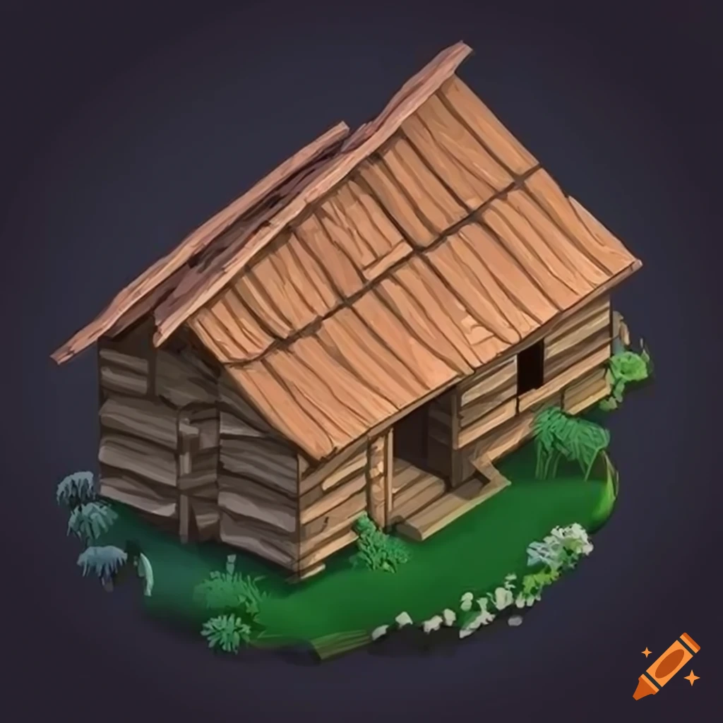 Isometric view of a realistic wooden hut