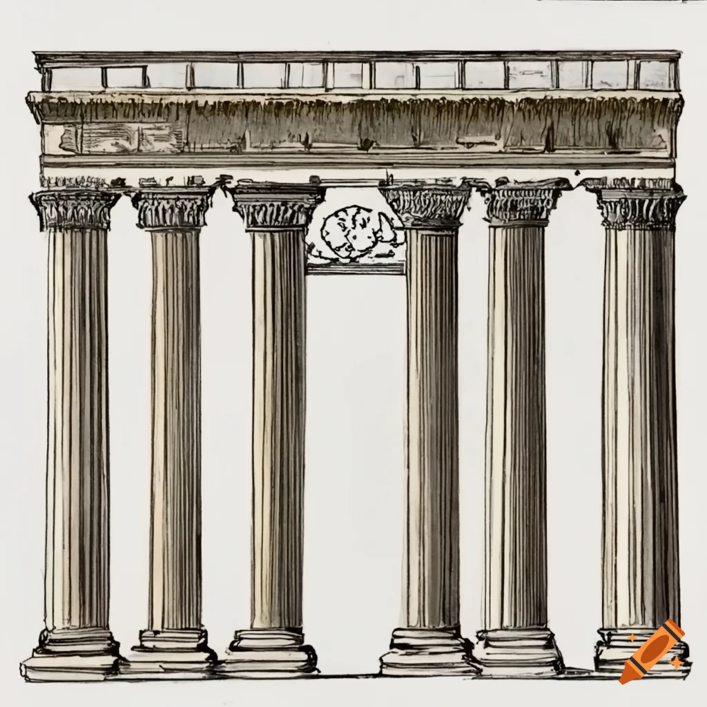 Roman structure with six pillars representing different words on Craiyon