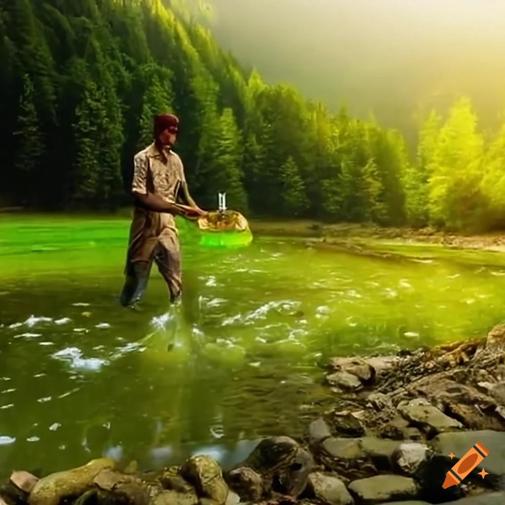 Workers collecting mountain dew from a pond