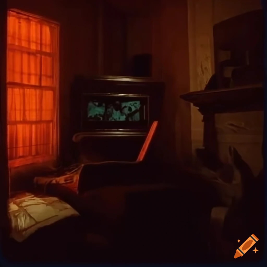 Dark and gritty living room scene with glowing TV on Craiyon