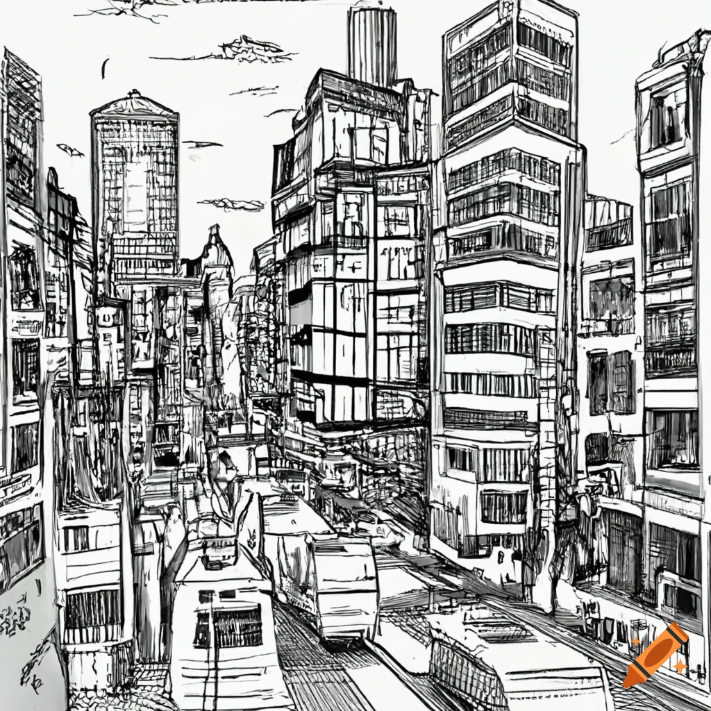 Black and white sketch of a city inspired by inio asano on Craiyon