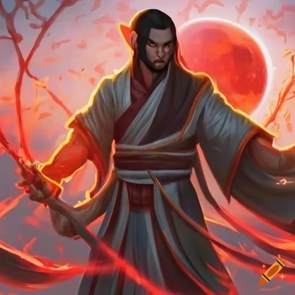 Blood moon with an asian elf male in ancient chinese robes on Craiyon